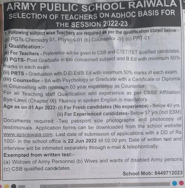 Army Public School, Raiwala Recruitment of PGT and Counsellor 2022